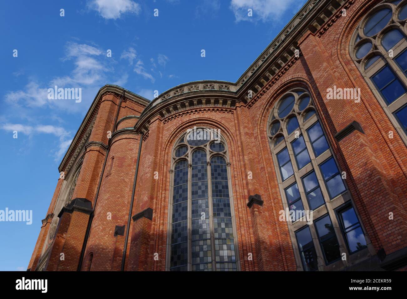 Outdoor sunny and low angle view of Protestant Church with old rough ...