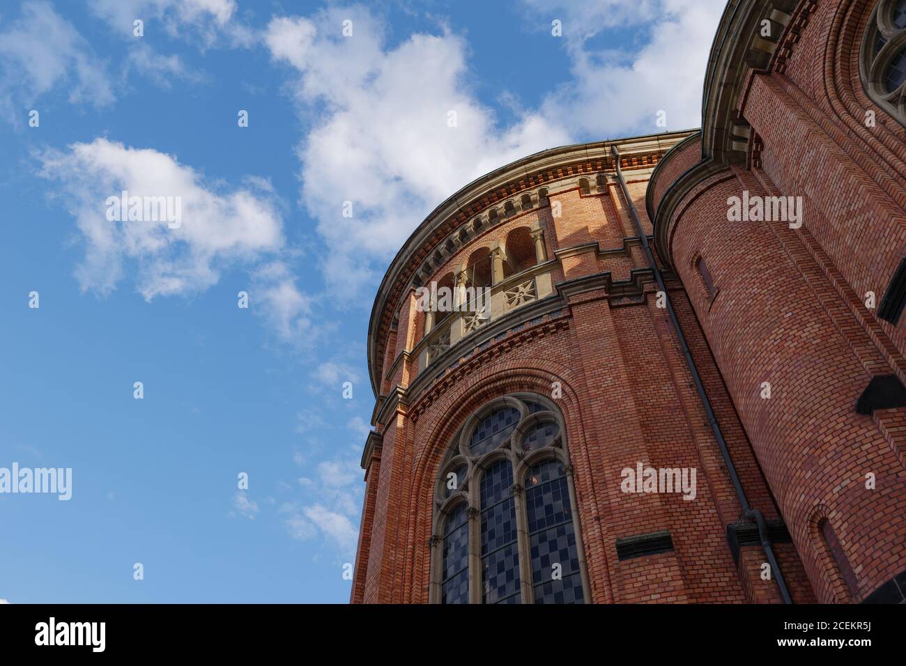 Outdoor sunny and low angle view of Protestant Church with old rough ...