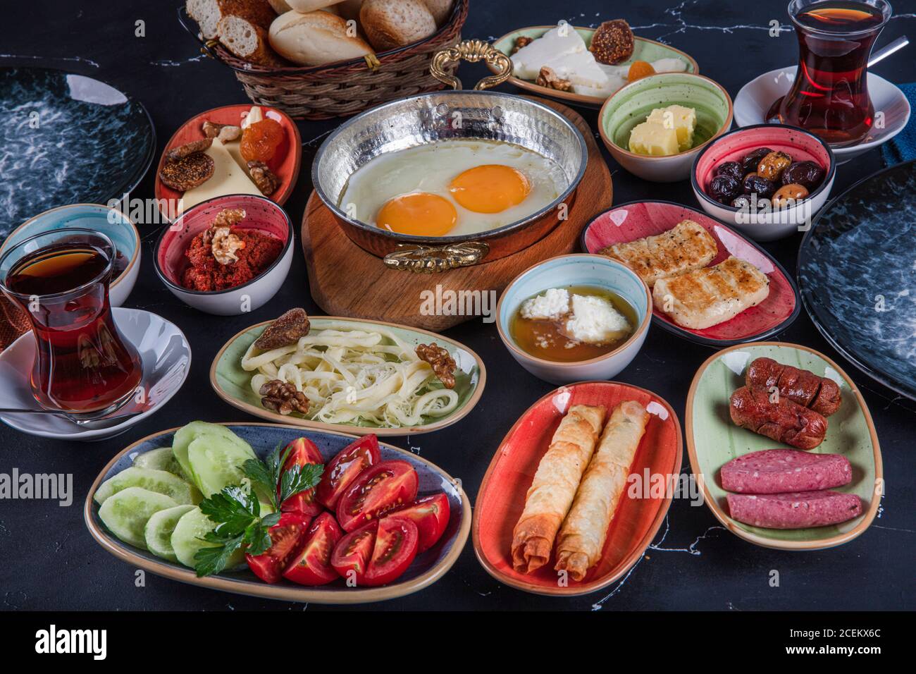 Restaurant concept; Traditional Turkish spreader breakfast on the black ...