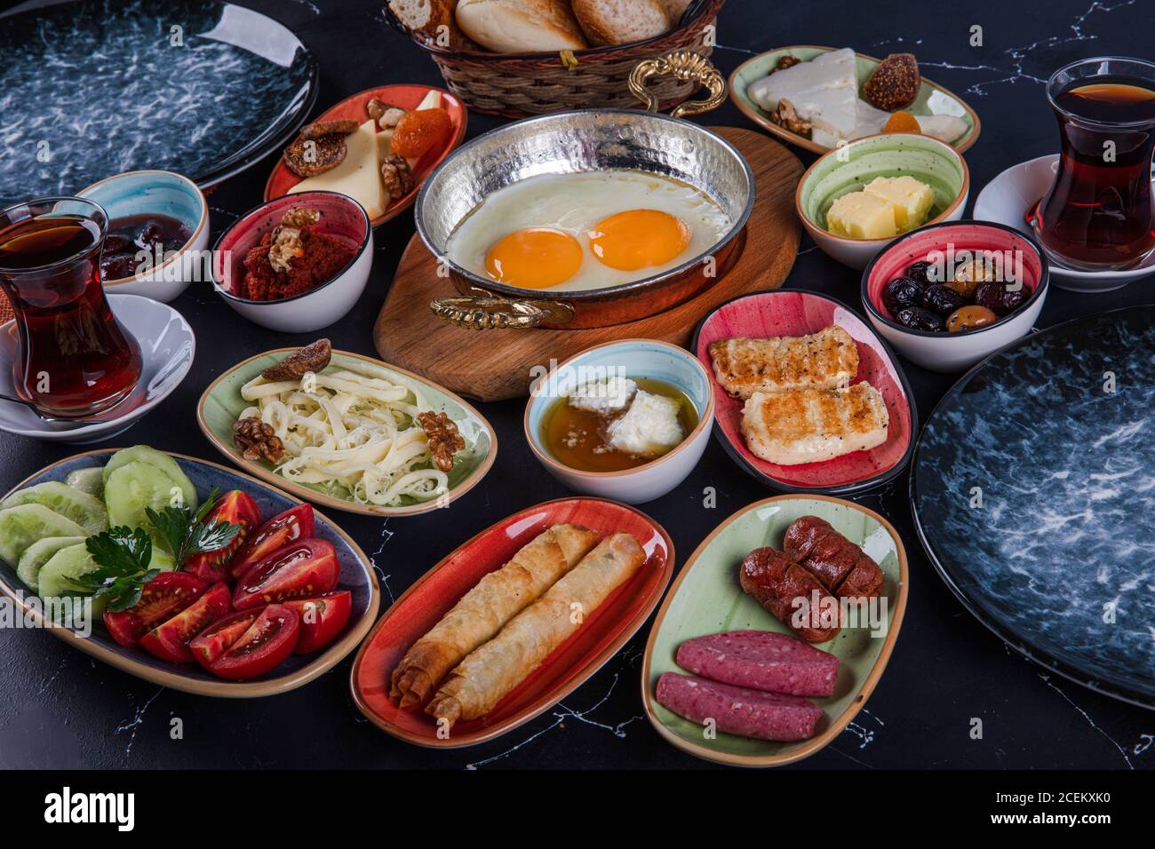 Restaurant concept; Traditional Turkish spreader breakfast on the black ...
