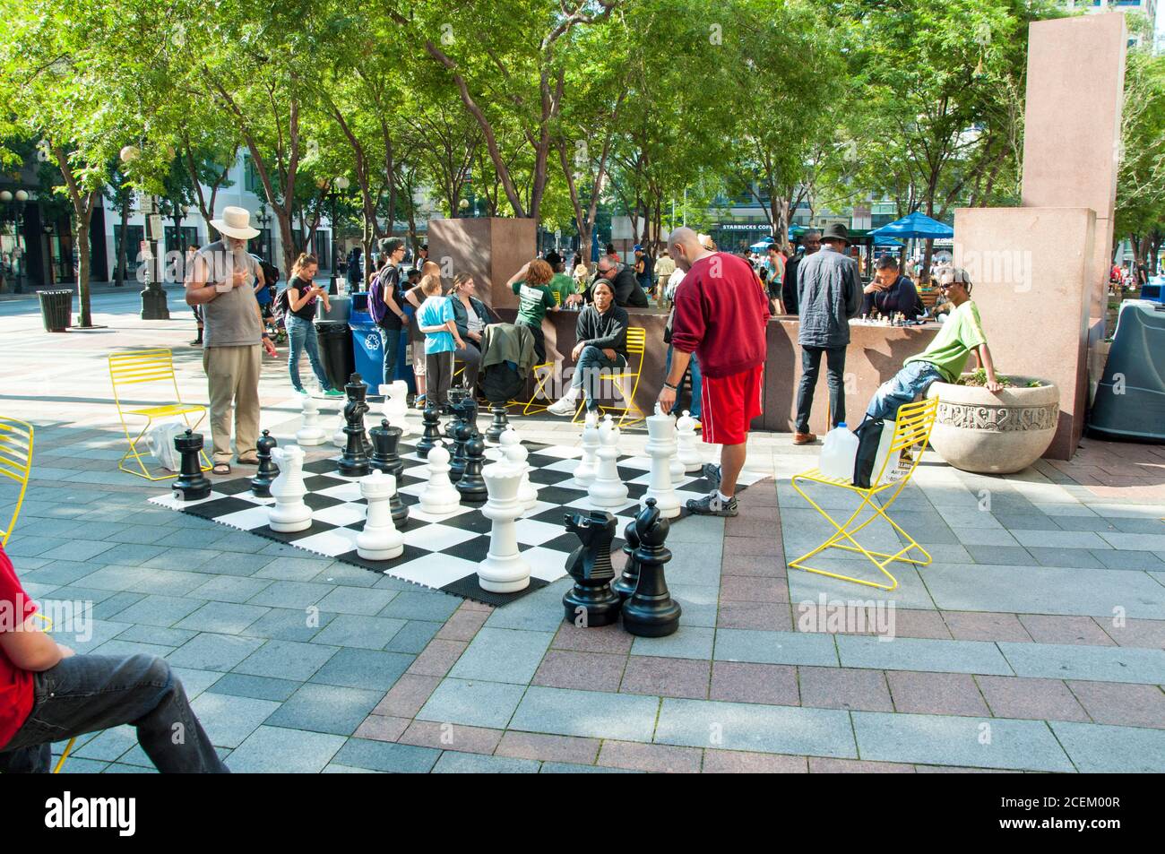 Seattle, WA USA August 23, 2014: People enjoy the giant outdoor chess ...