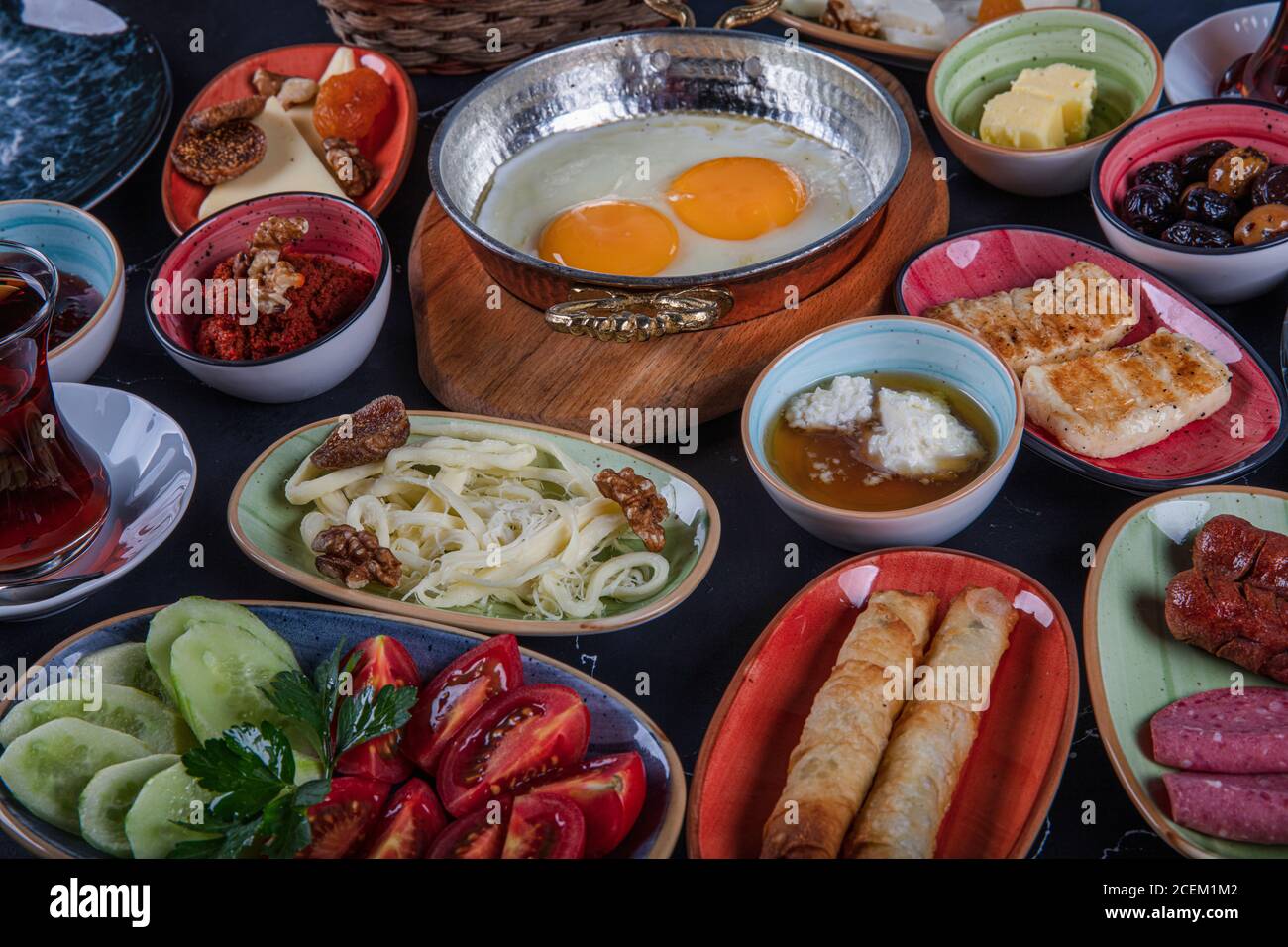 Restaurant concept; Traditional Turkish spreader breakfast on the black ...