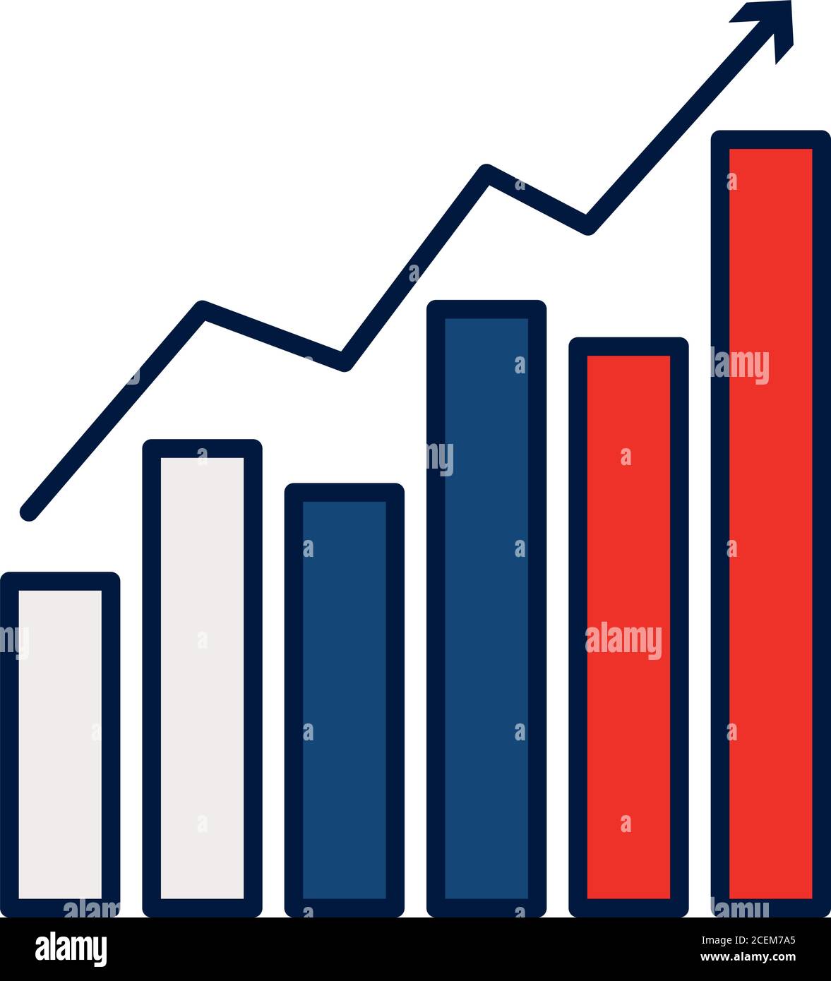 graphic bar chart with ascendent arrow over white background, line and ...