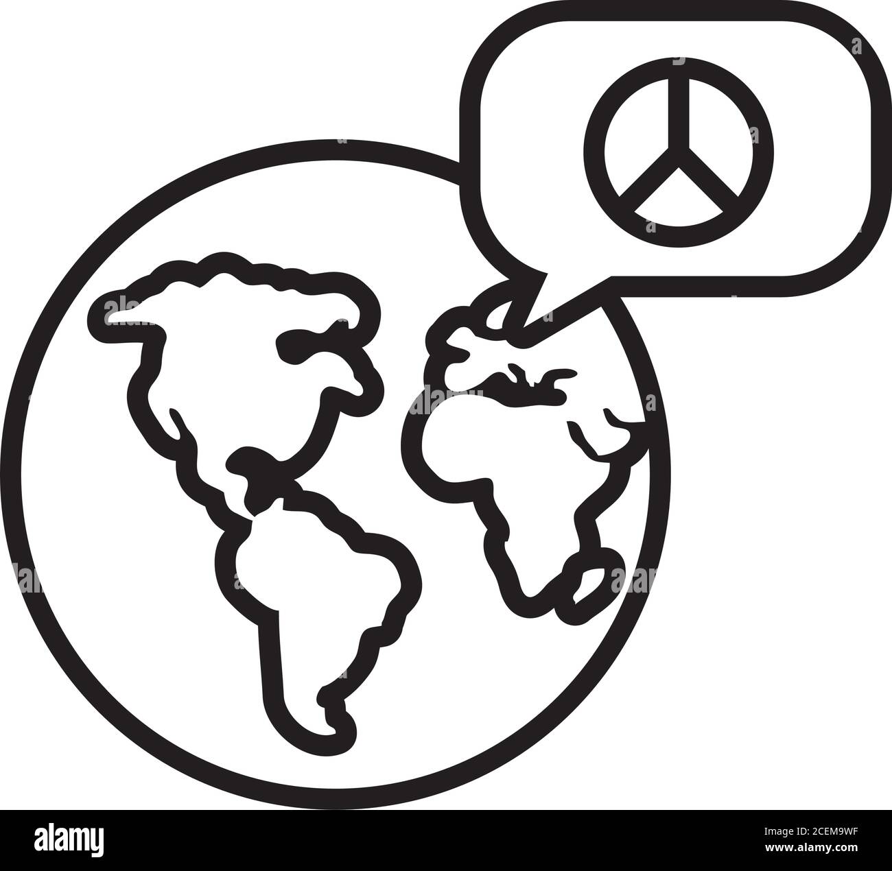 earth planet and speech bubble with peace symbol icon over white ...