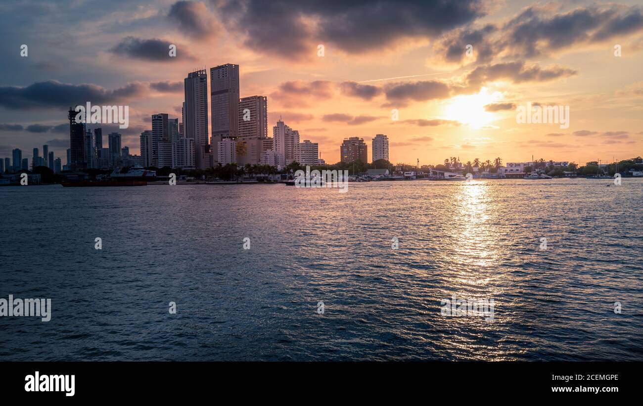 Scenic Cartagena bay (Bocagrande) and city skyline at sunset Stock ...