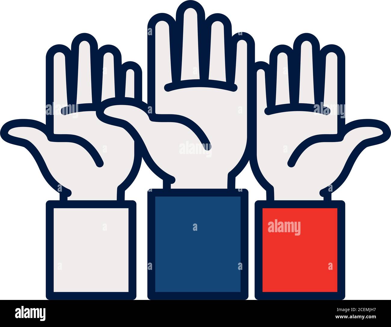 three hands up icon over white background, line and fill style, vector ...