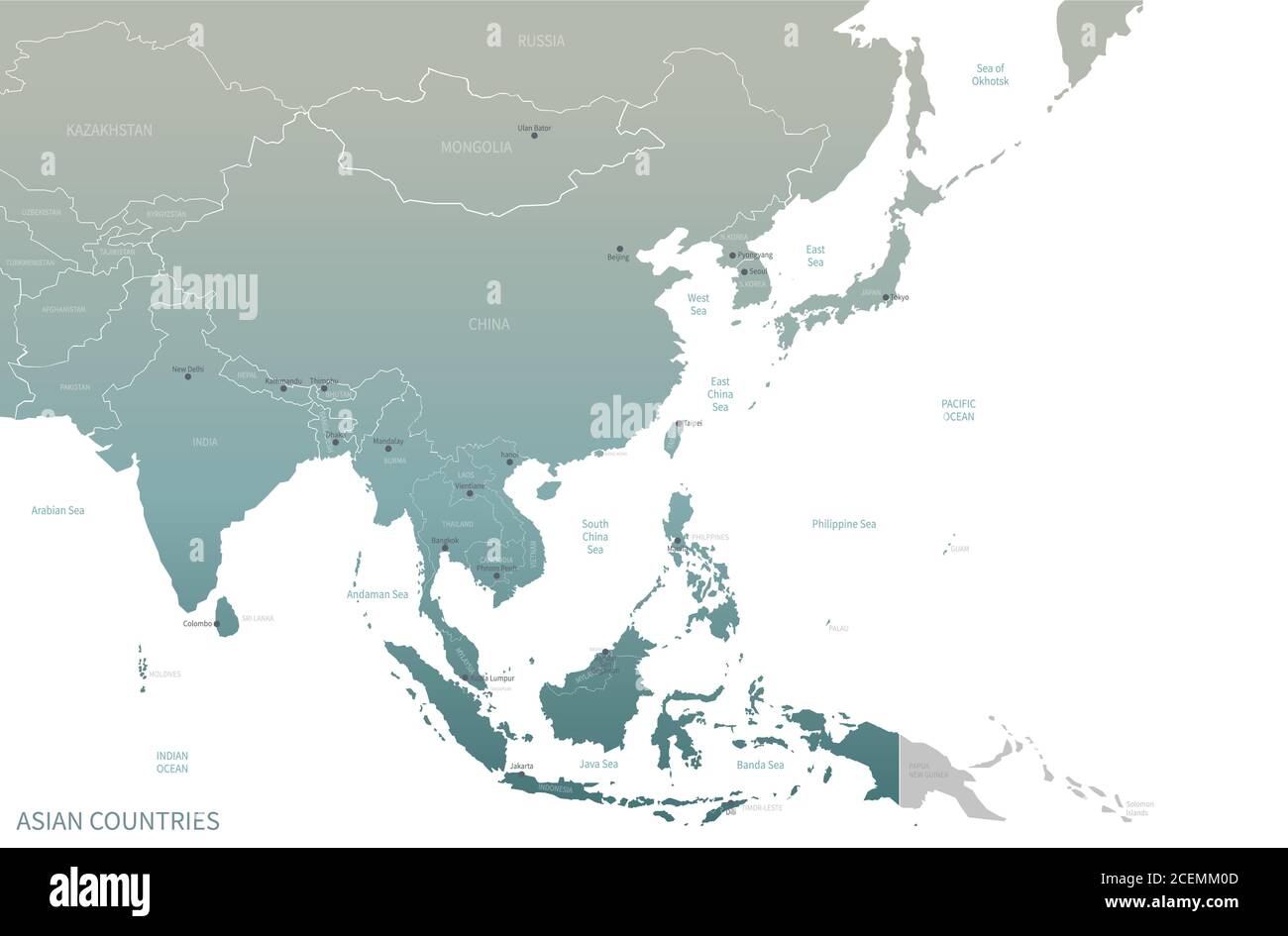 Asian Countries Map. Detail Map Vector with National Capital Plots ...