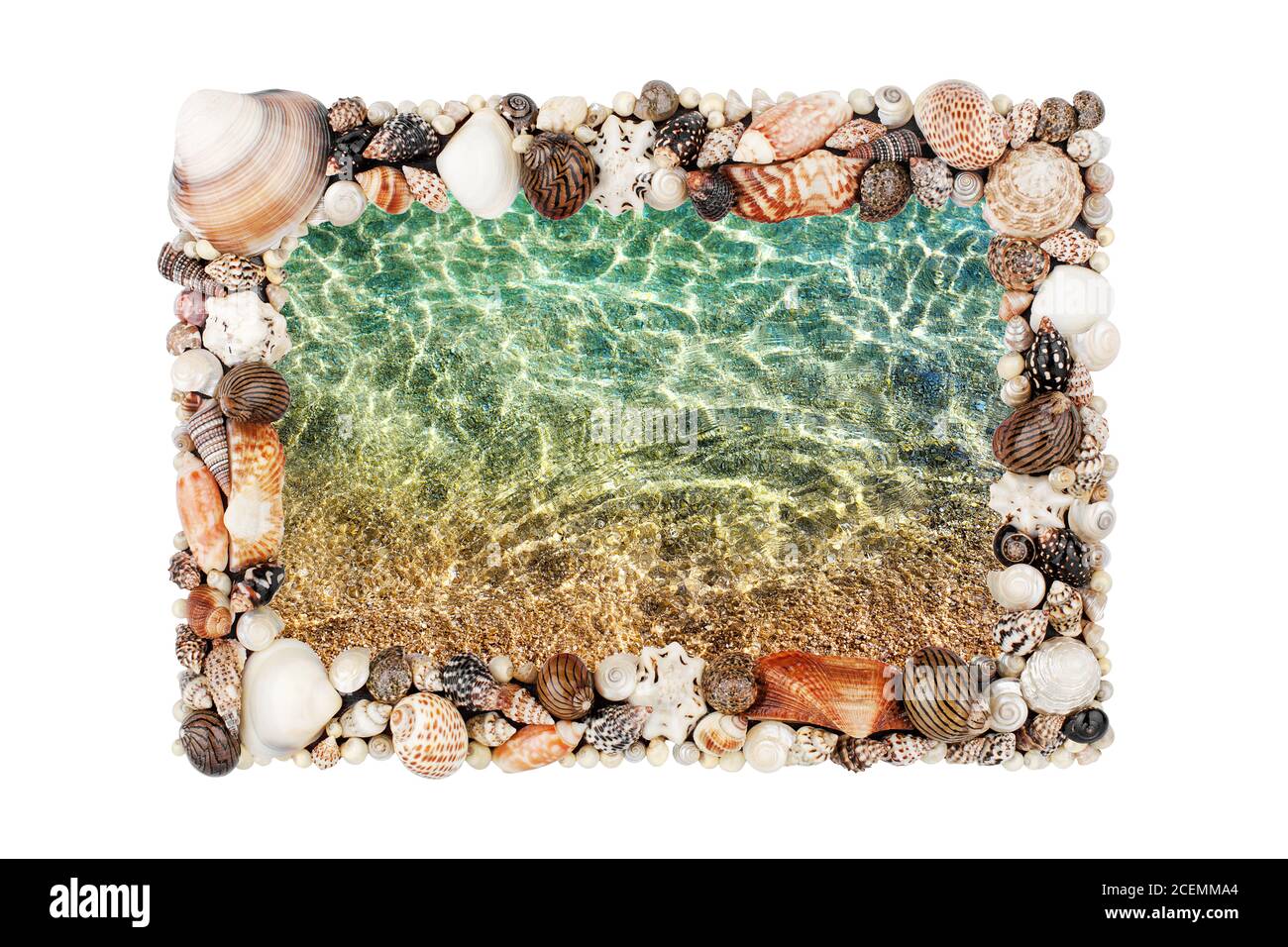 Blue ocean water texture in seashells frame white background isolated ...