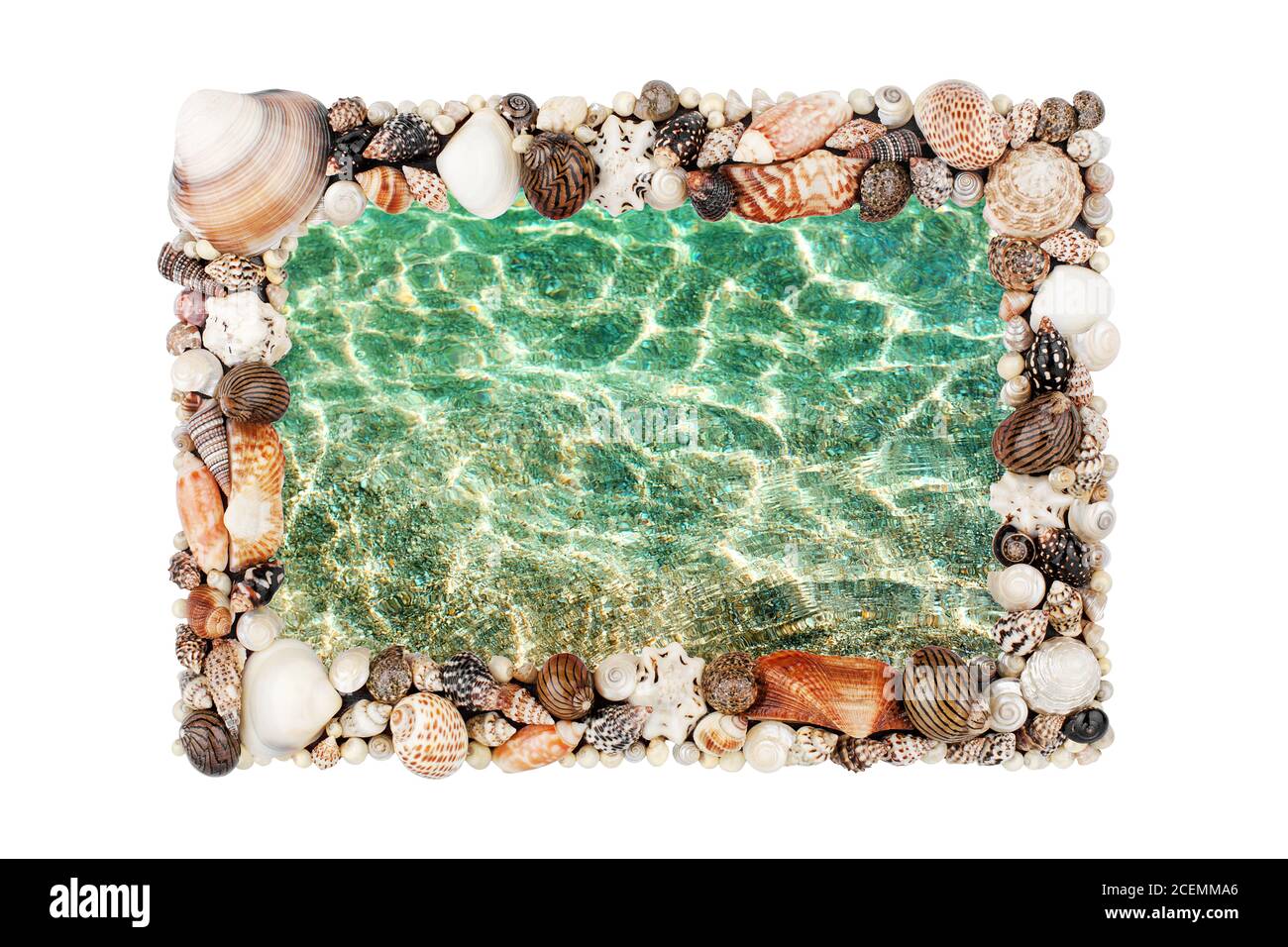 Blue ocean water texture in seashells frame white background isolated ...
