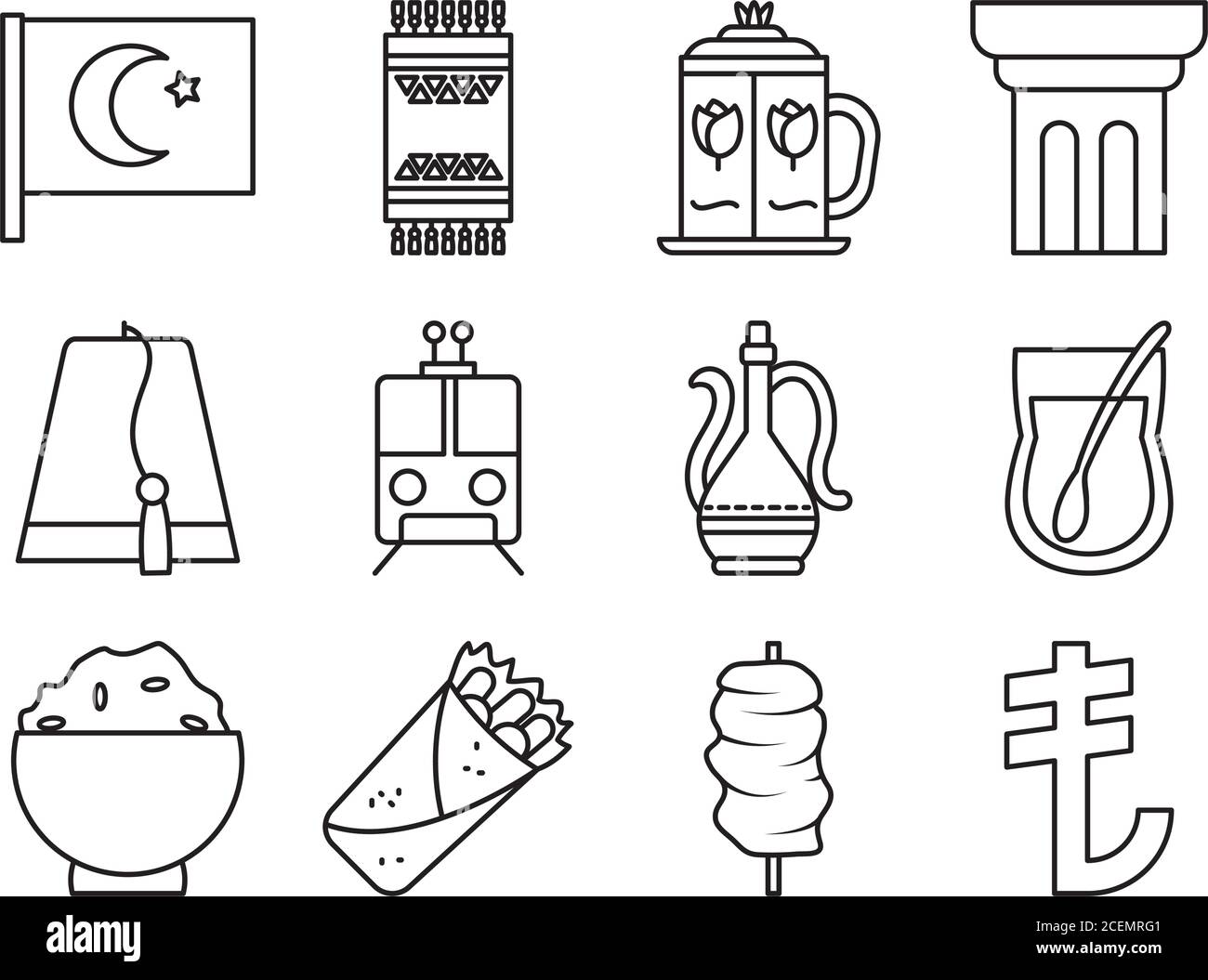 turkey flag and turkish icon set over white background, line style ...