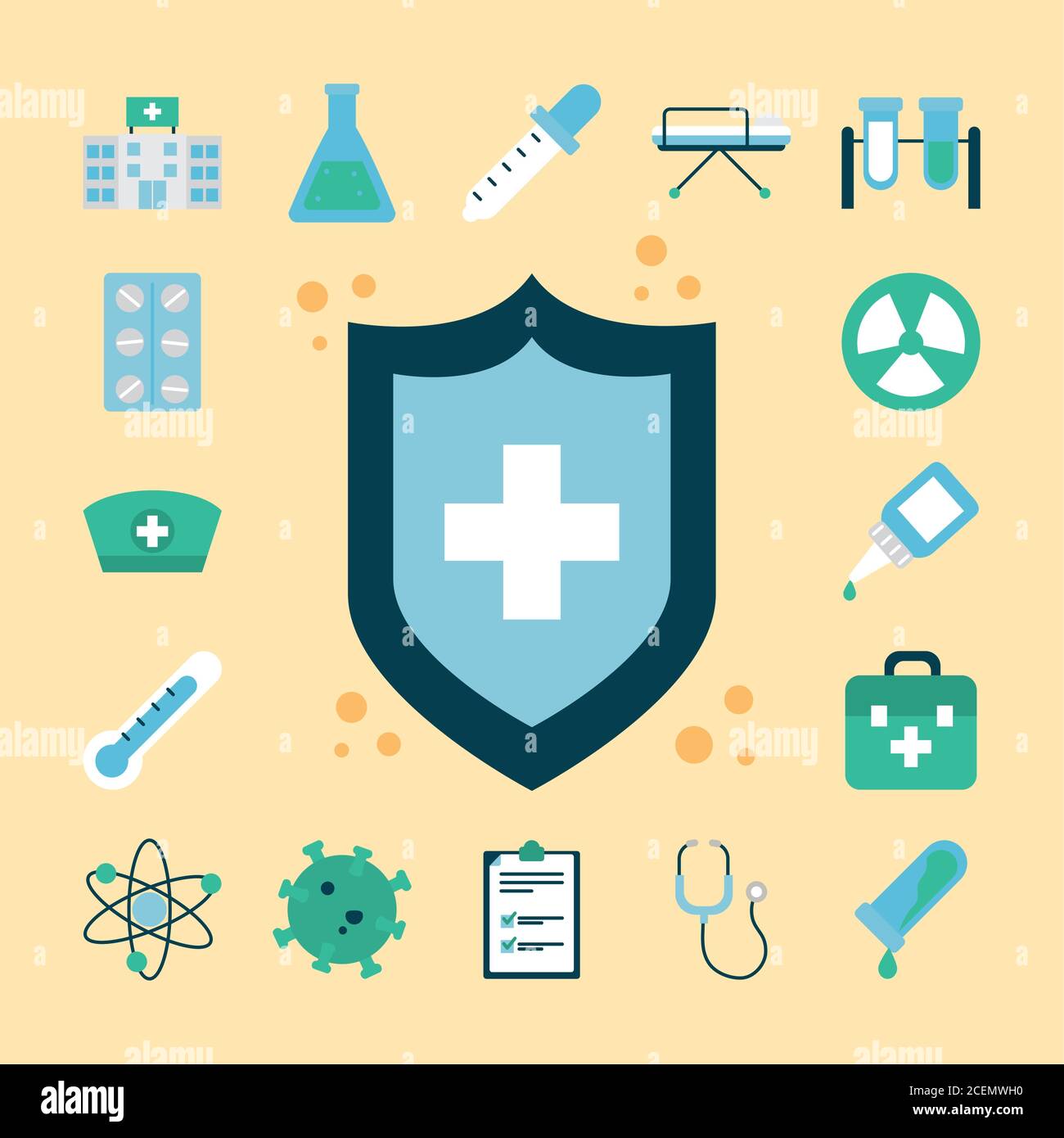 icon set of vaccine and shield over yellow background, flat style ...