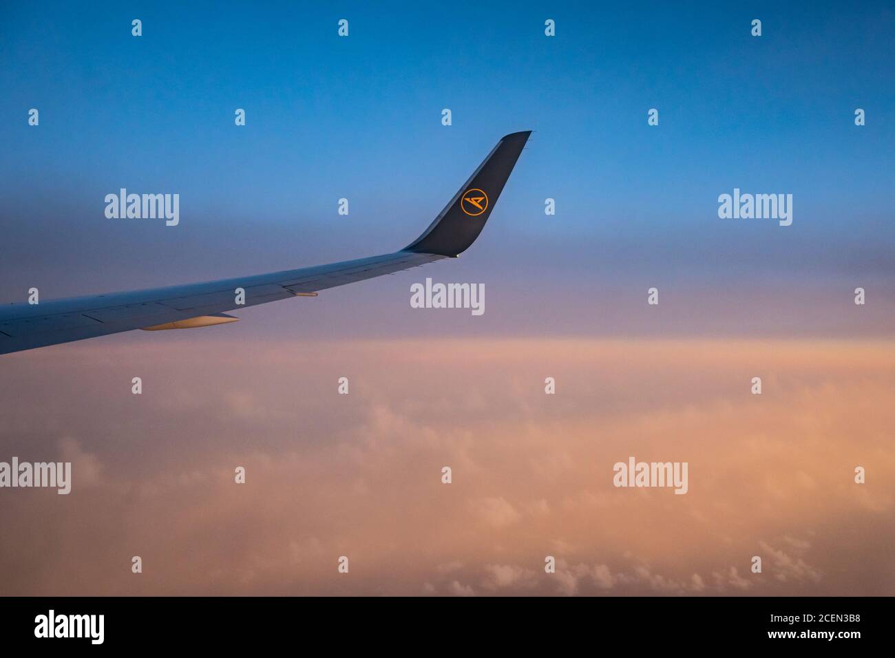 Frankfurt Germany 18.11.19 Condor Air wing of airplane in the sky ...