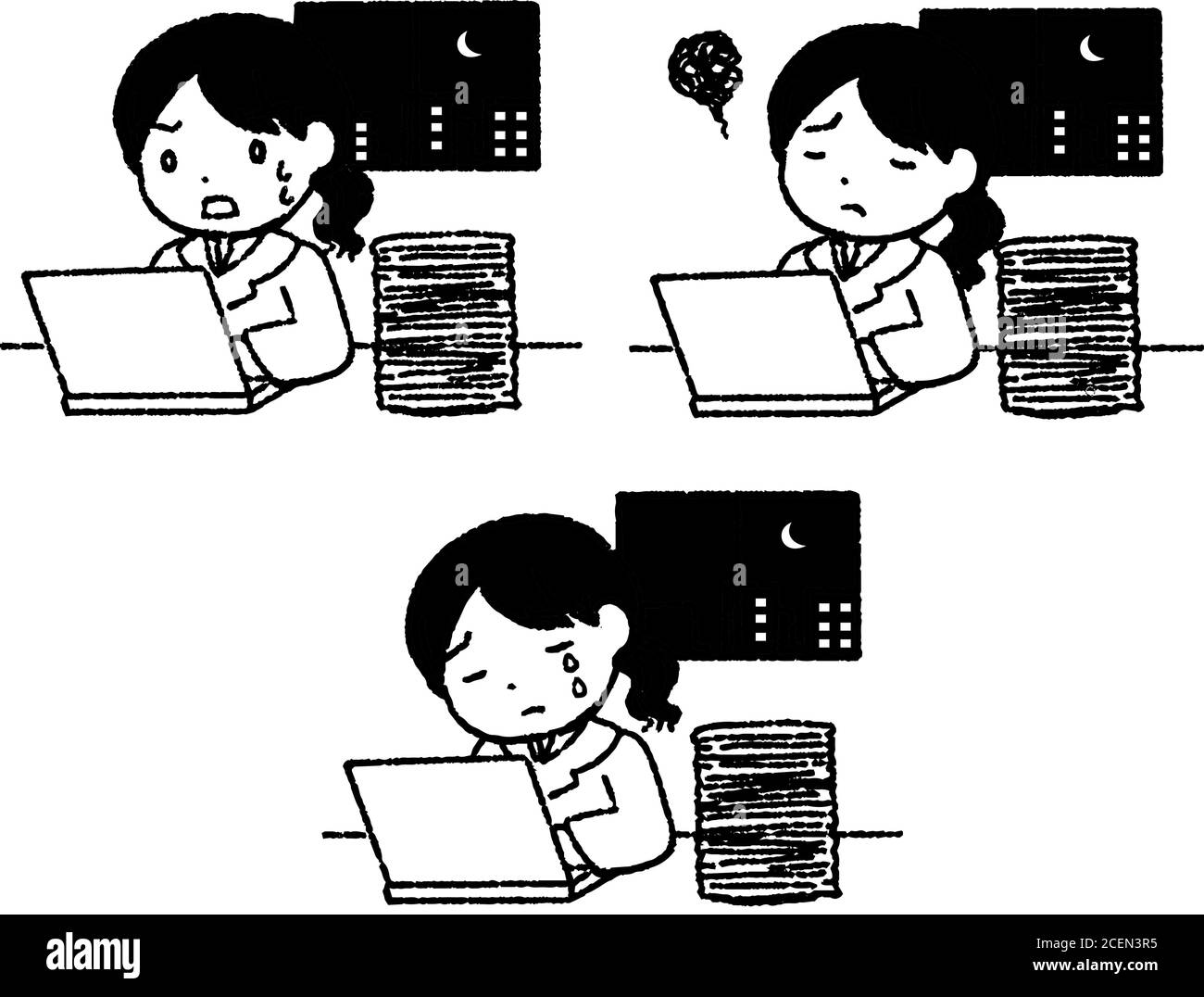 This is a illustration of cute Female employee working overtime Stock ...
