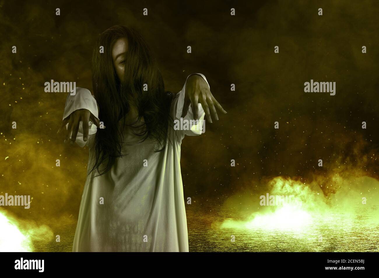 Scary ghost woman standing with explosion background. Halloween concept ...