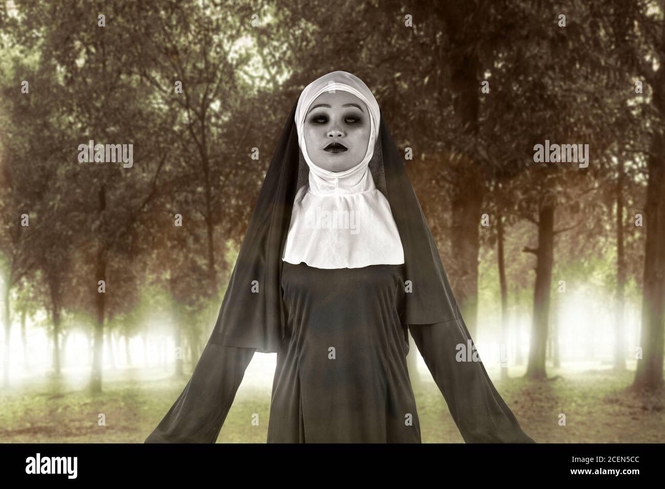 Scary devil nun standing on the haunted forest Stock Photo - Alamy
