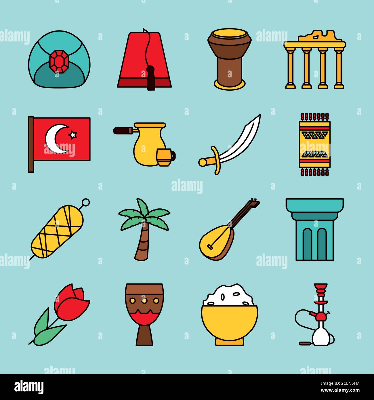 turkish ruins and turkish icon set over blue background, line and fill ...