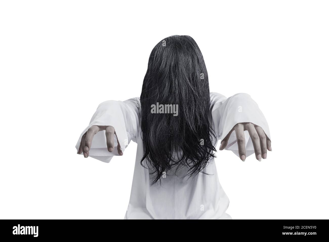 Scary ghost woman standing isolated over white background. Halloween ...
