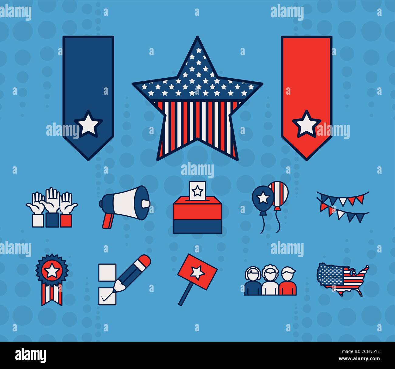 star and usa elections icon set over blue background, line and fill ...