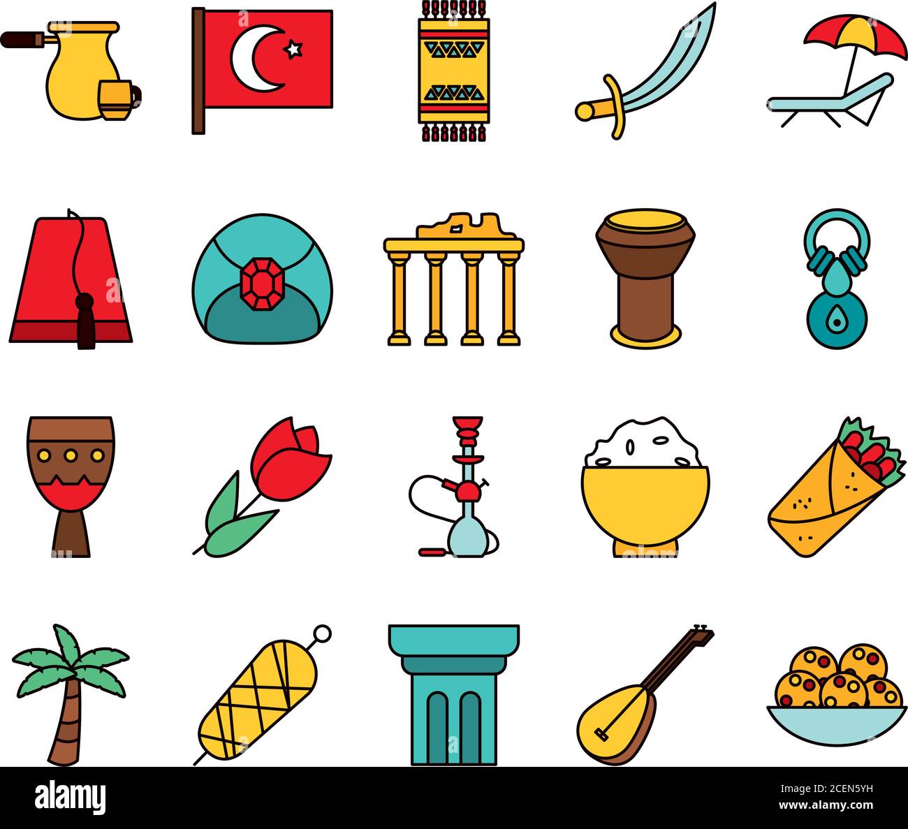 turkish carpet and turkish icon set over white background, line and ...