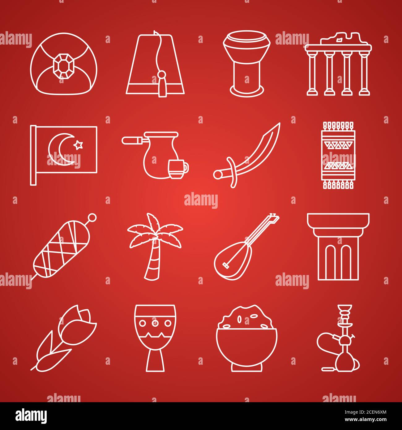 turkish ruins and turkish icon set over red background, line style ...