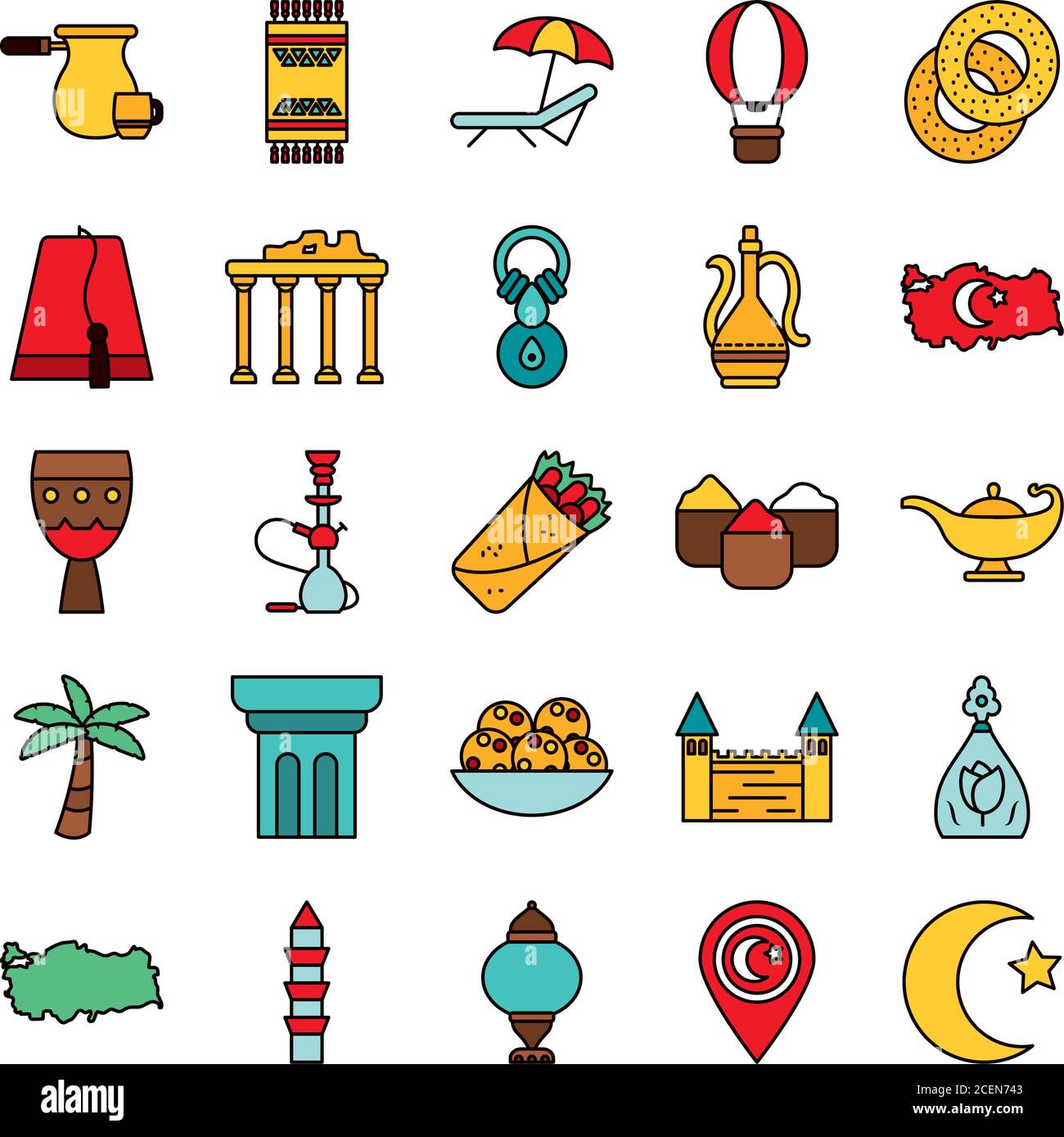 icon set of turkey country and arabian lamp over white background, line ...