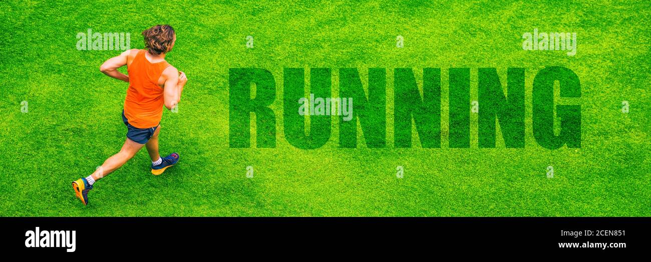 Running word written on grass texture from above. Poster sign in banner ...
