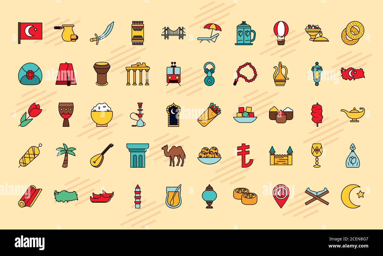 turkish icon set over white background, line and fill style, vector ...