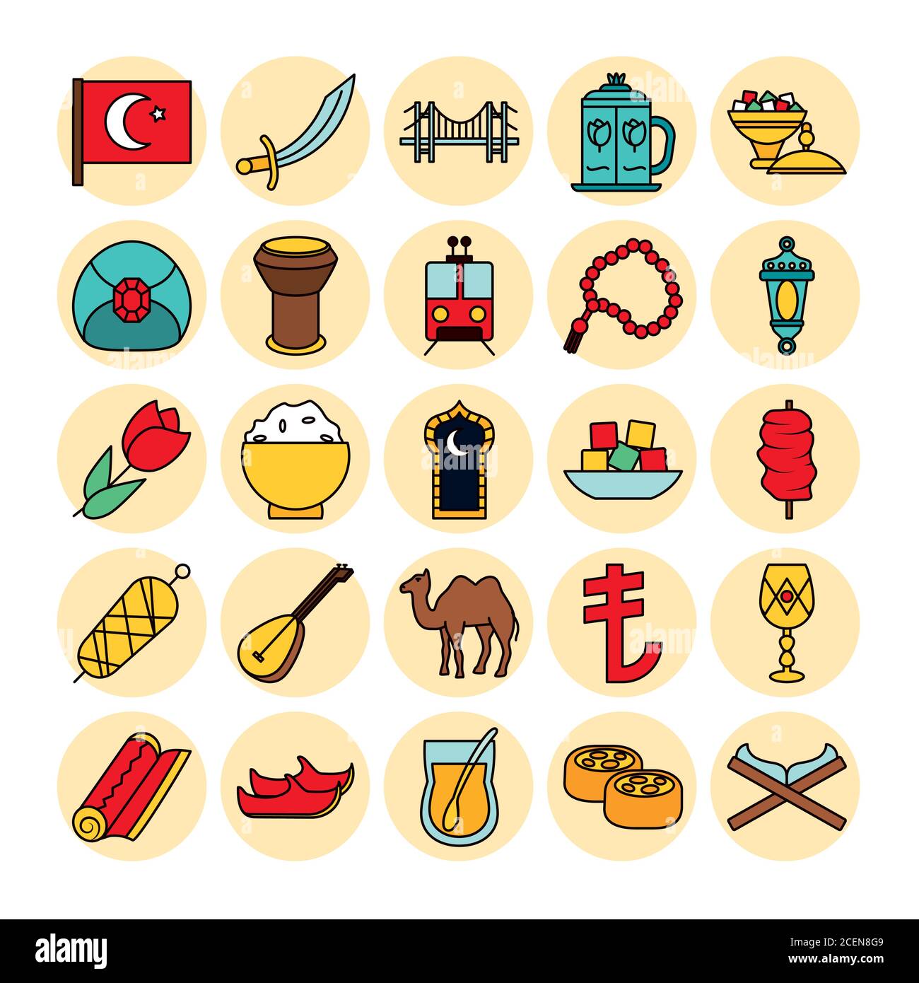camel and turkish icon set over white background, line and fill style ...