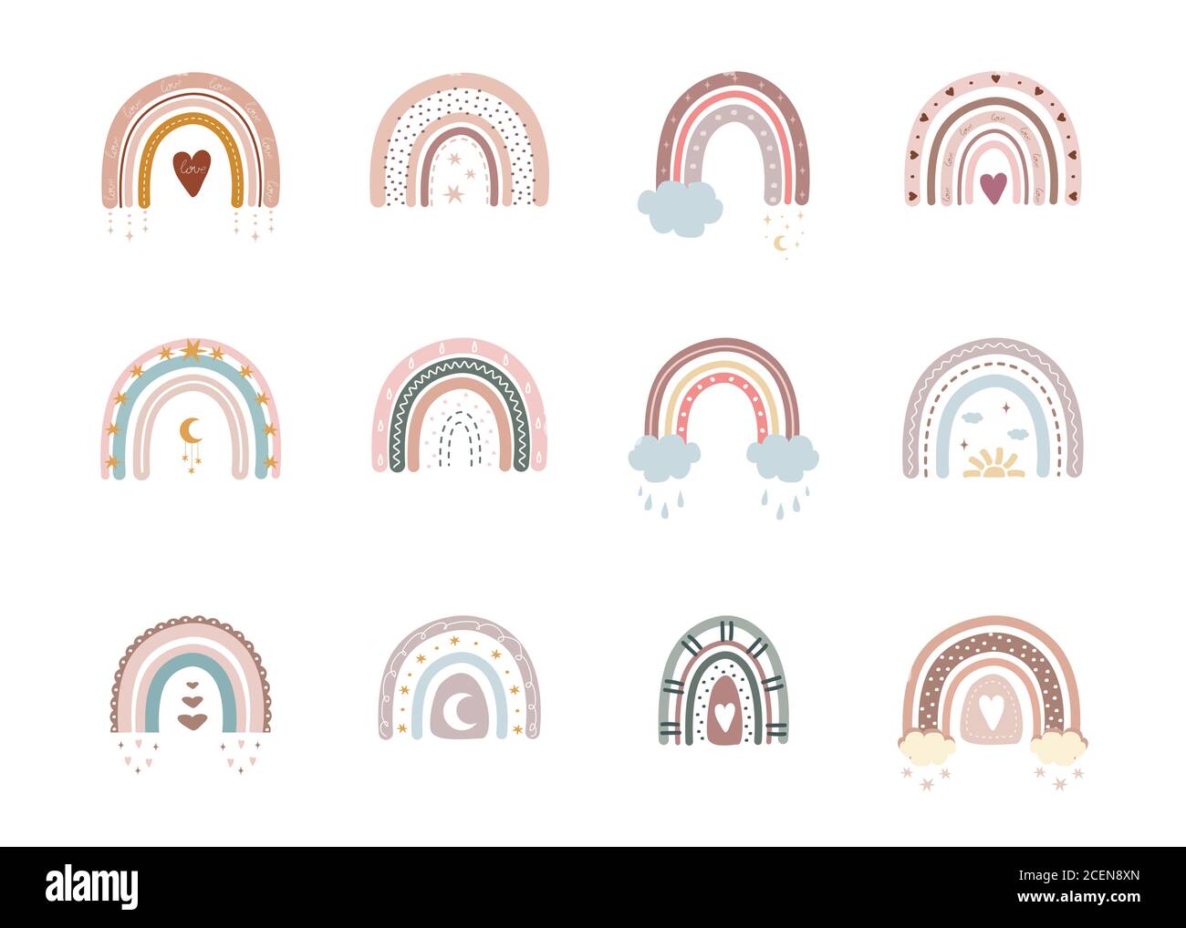 Trendy rainbows in boho style in different color. Rainbows with cloud ...