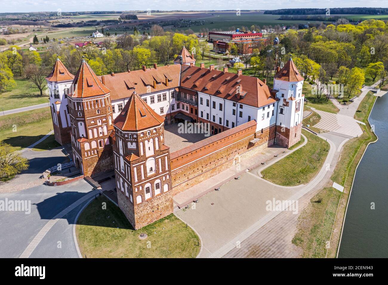 MINSK, BELARUS - APRIL 26, 2020: Beautiful view of medieval Mir castle ...