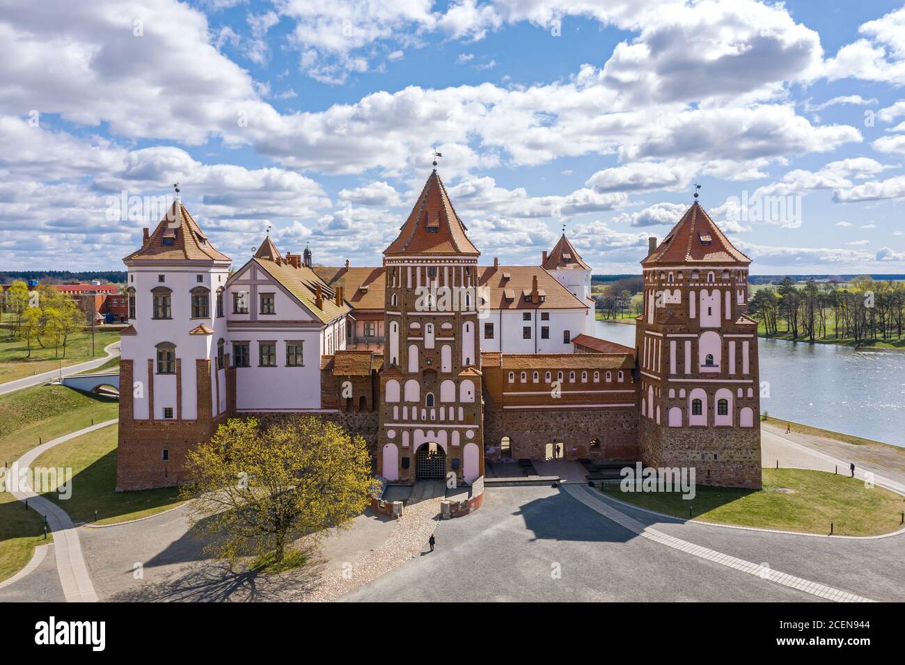 MINSK, BELARUS - APRIL 26, 2020: Beautiful view of medieval Mir castle ...