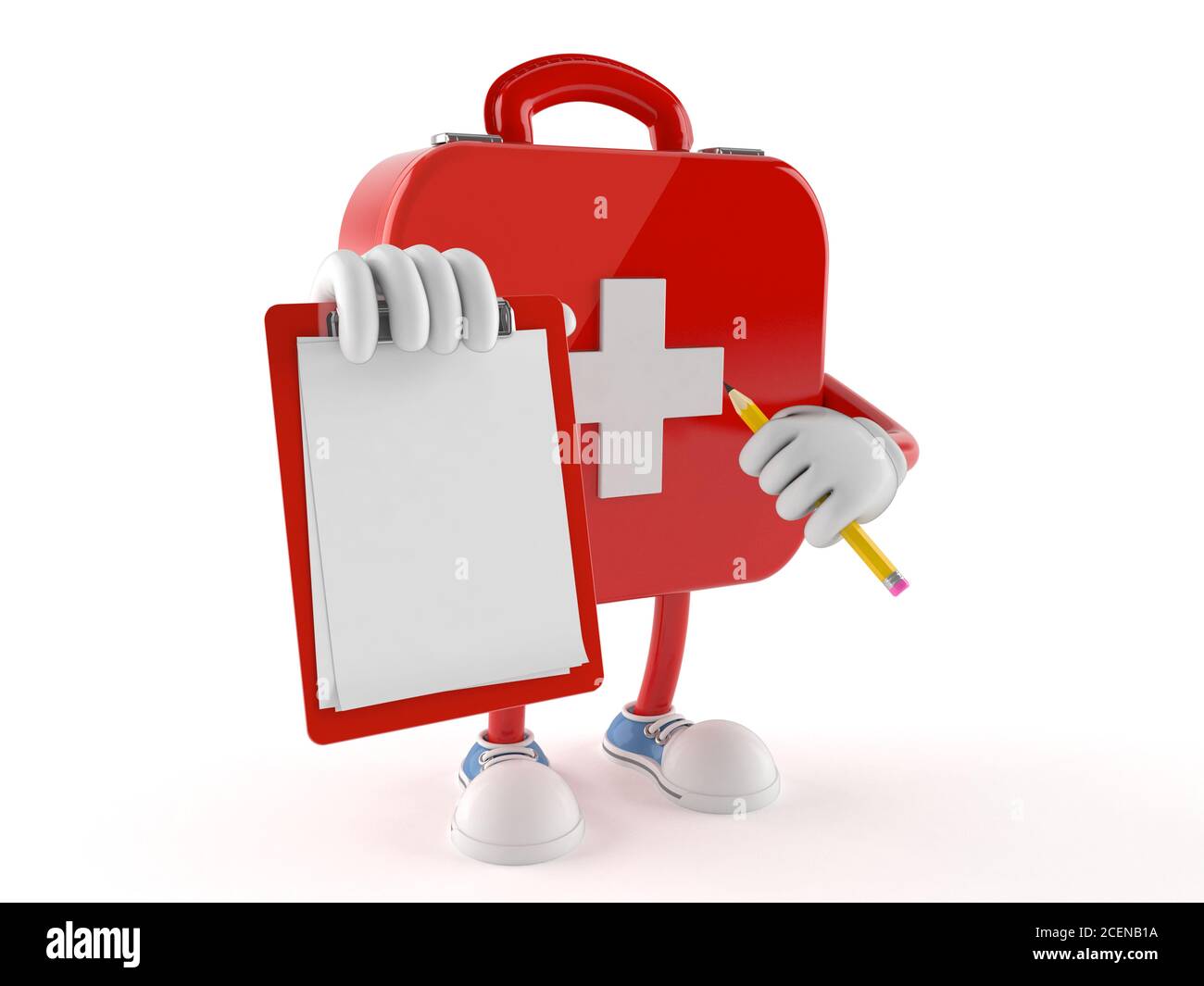 First aid kit character with blank clipboard isolated on white ...