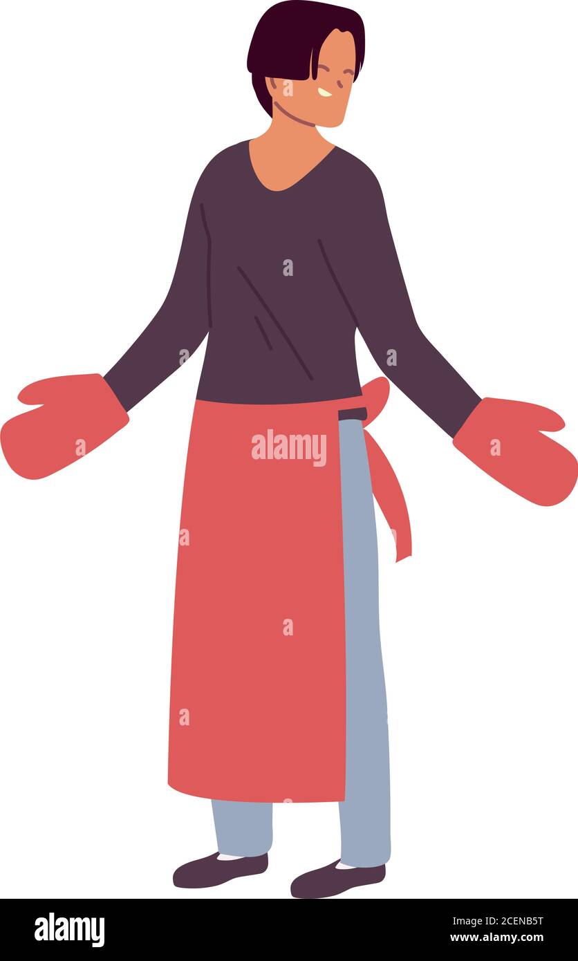 Young cook man with gloves and red apron on white background vector ...