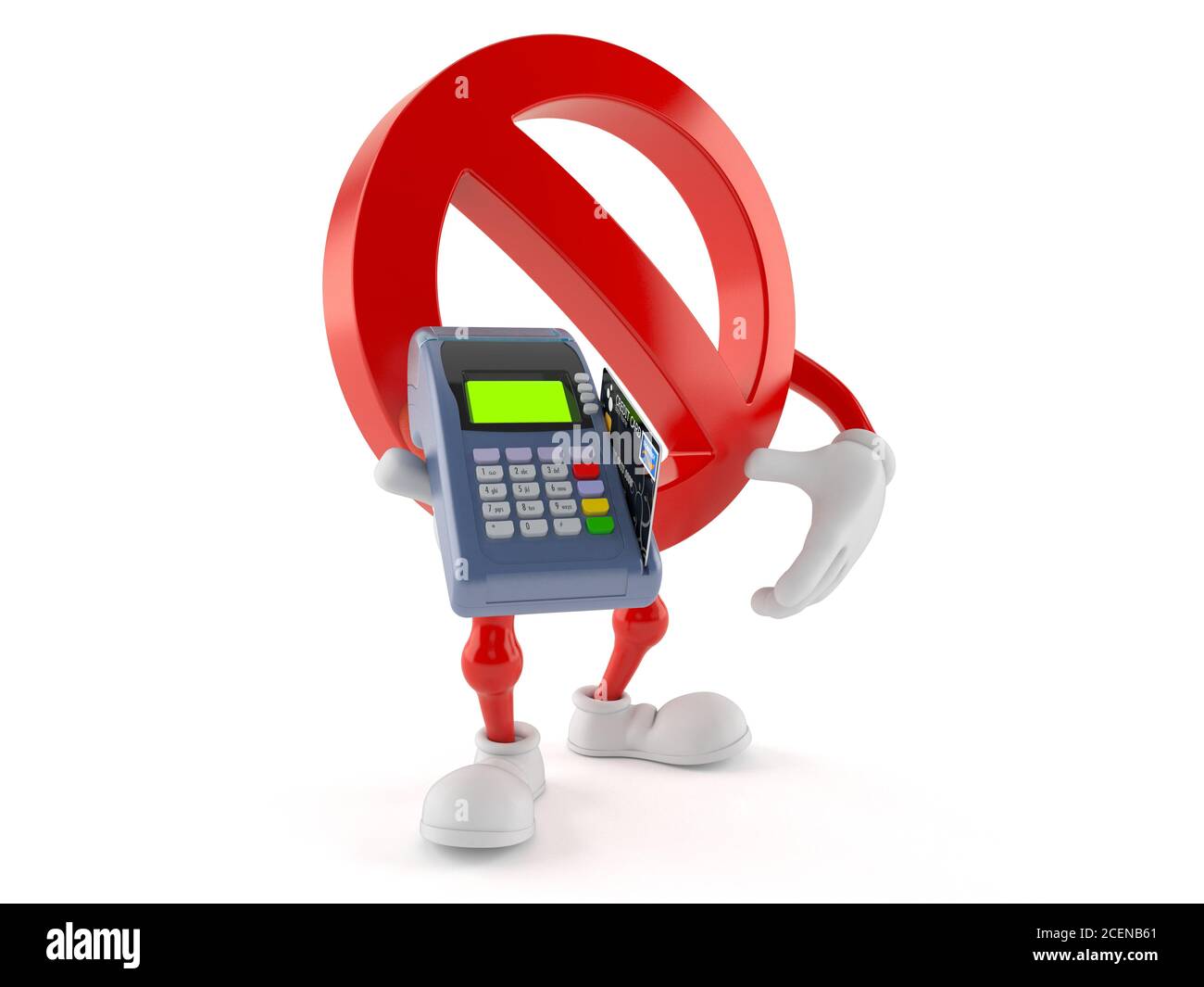 Forbidden character holding credit card reader isolated on white ...