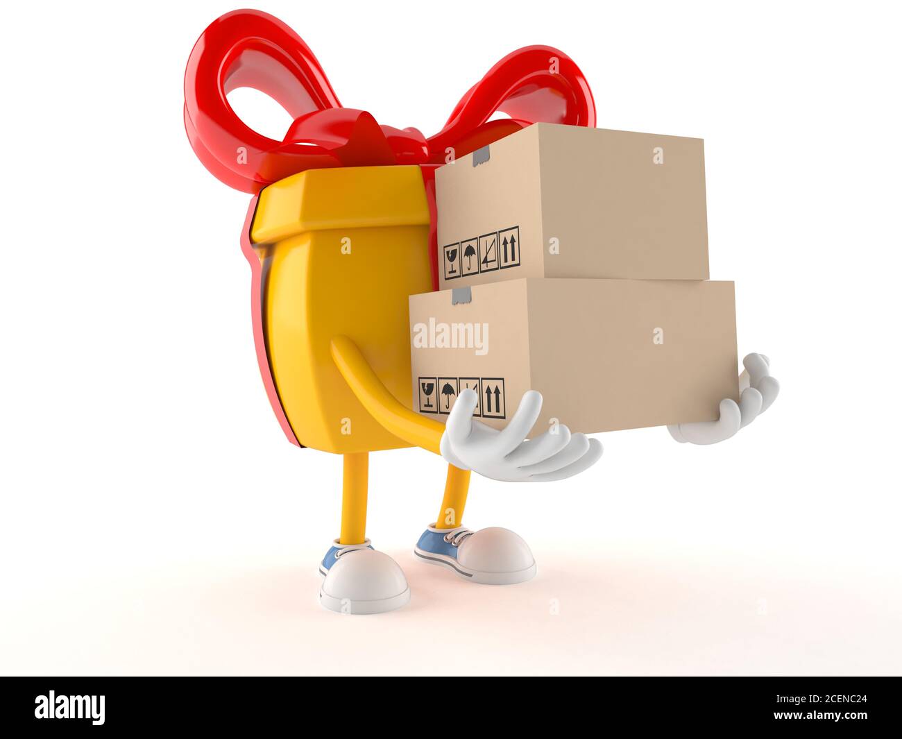 Gift character with boxes isolated on white background Stock Photo - Alamy