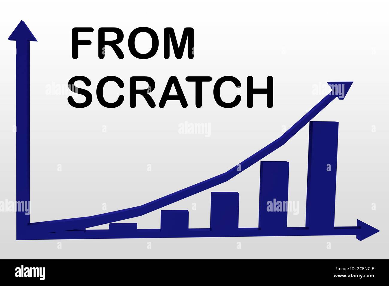 3D illustration of FROM SCRATCH above a column bar graph, isolated over ...