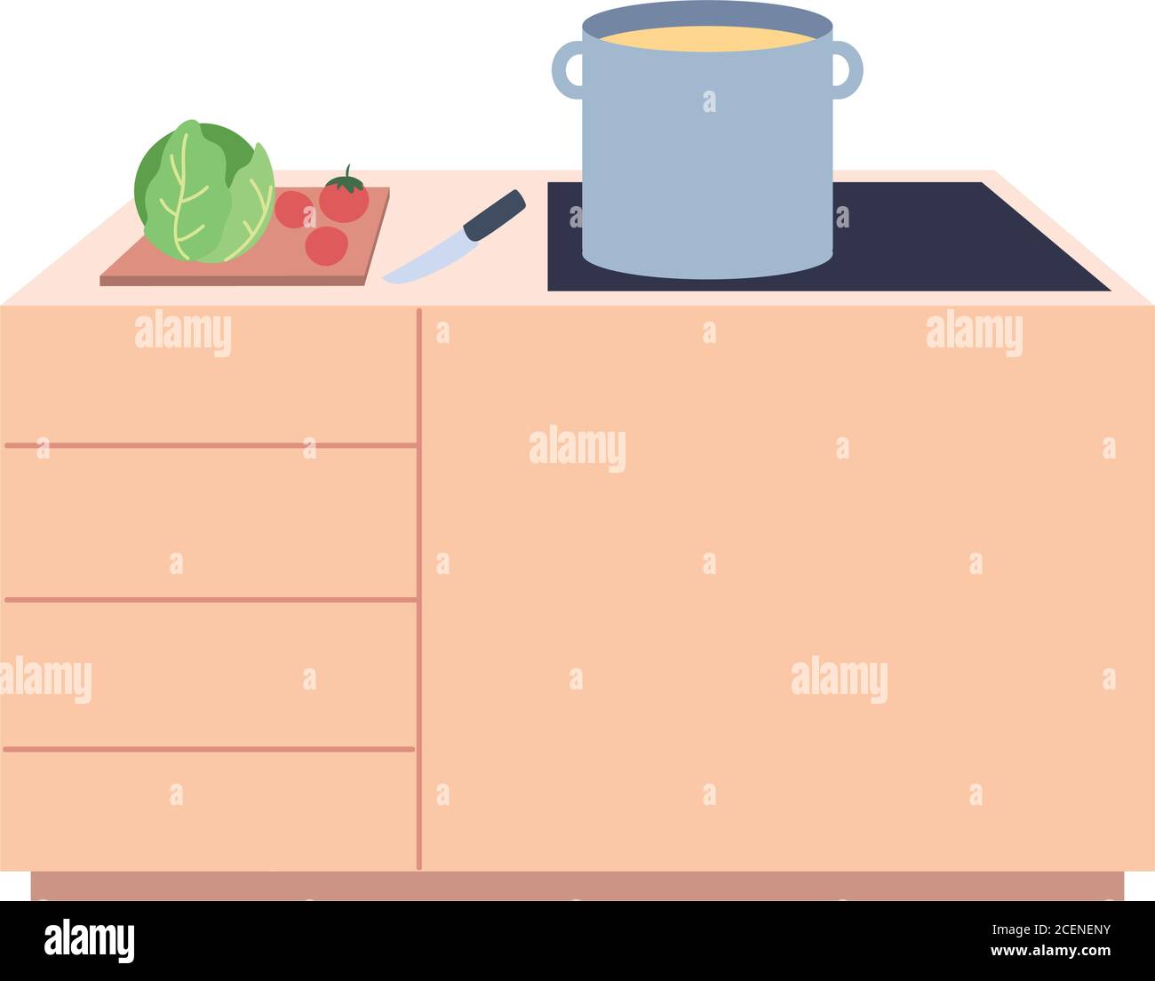 light wood colored kitchen countertops with pot and vegetables vector ...