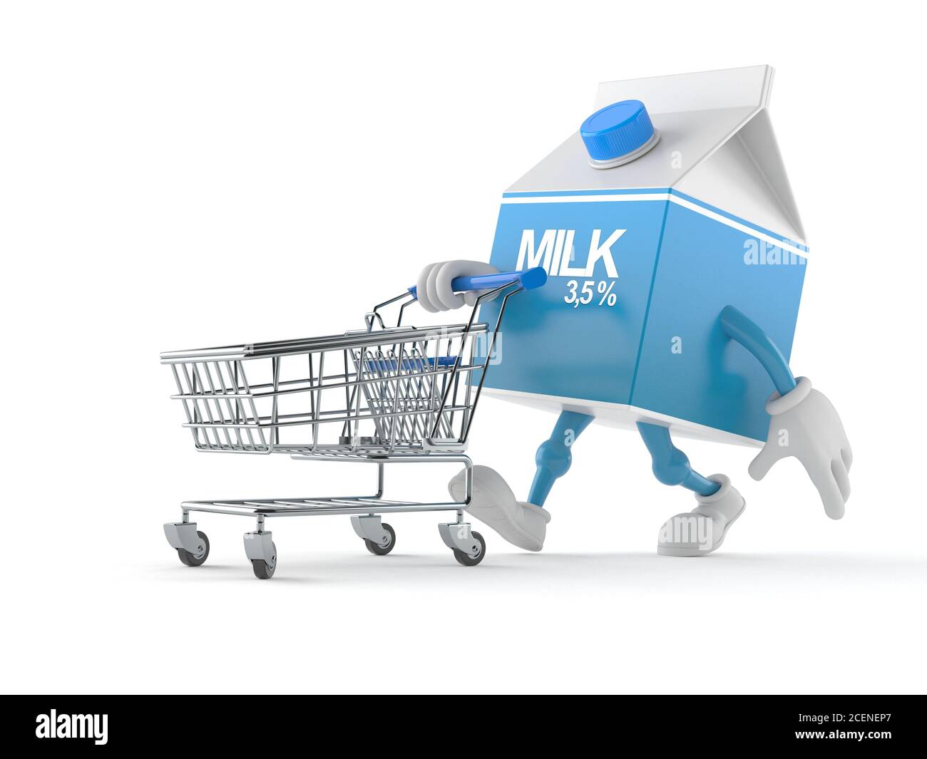 Milk box character with shopping cart isolated on white background ...