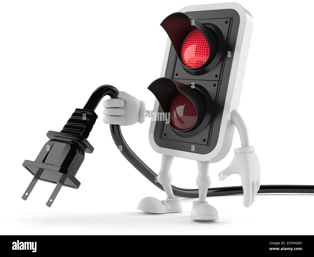 Red traffic light toon with electric plug isolated on white background ...