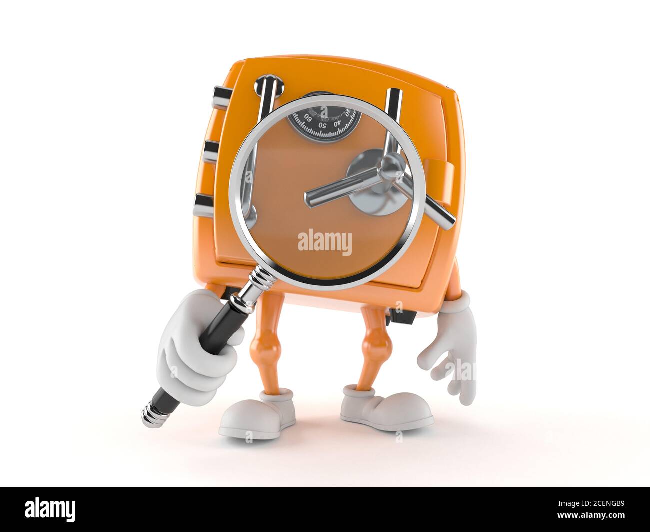 Safe character holding magnifying glass on white background Stock Photo ...