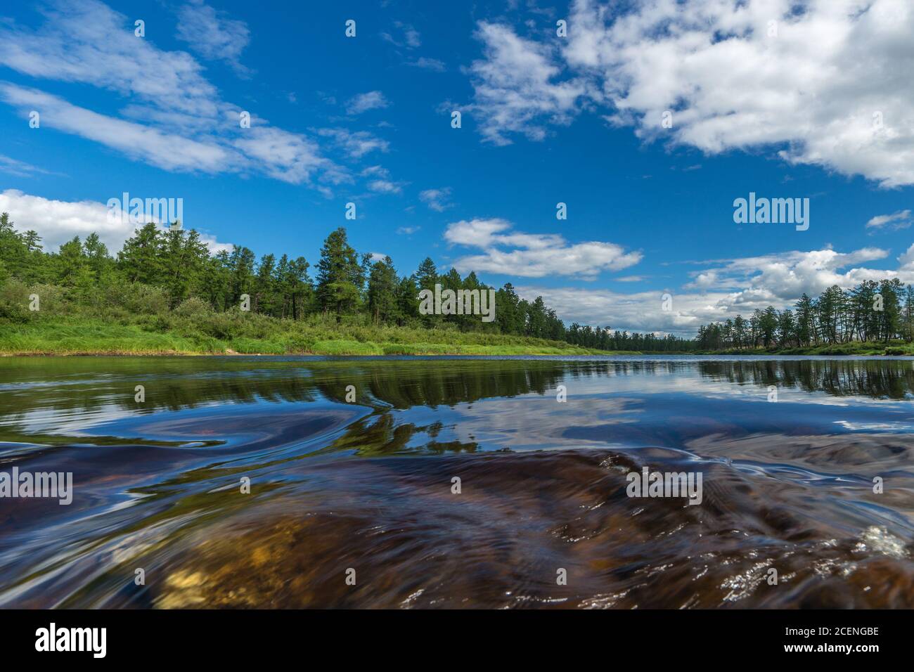 Summer day landscape with river, forest, clouds on the blue sky and sun ...