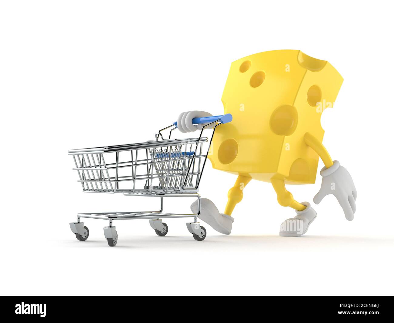 Cheese character with shopping cart isolated on white background Stock ...