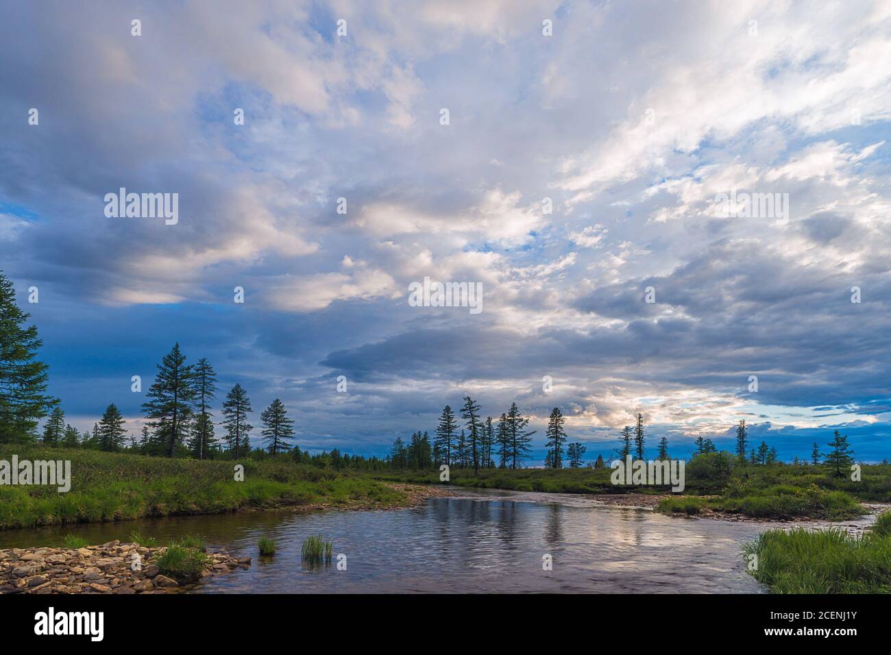 Summer day landscape with river, forest, clouds on the blue sky and sun ...