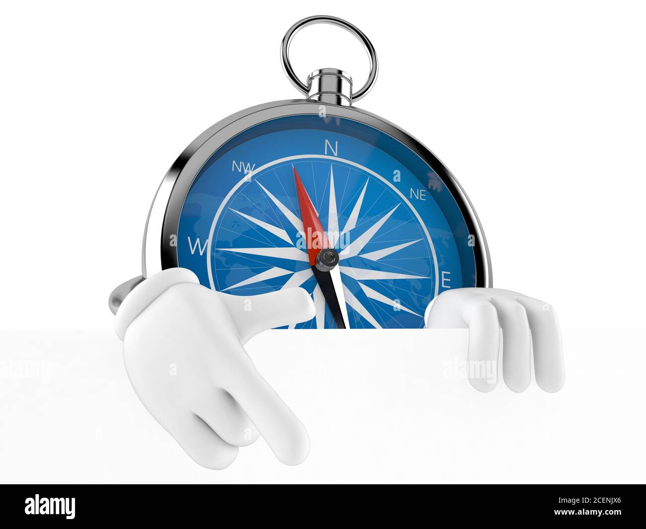 Compass character behind white board isolated on white background Stock ...