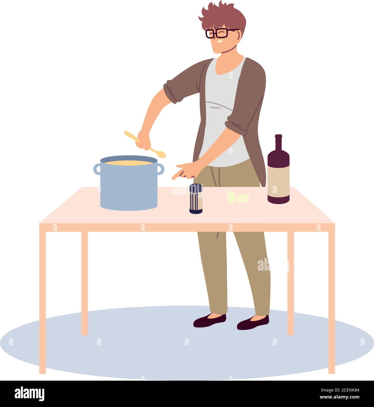 young man cooked a delicious soup in the kitchen vector illustration ...
