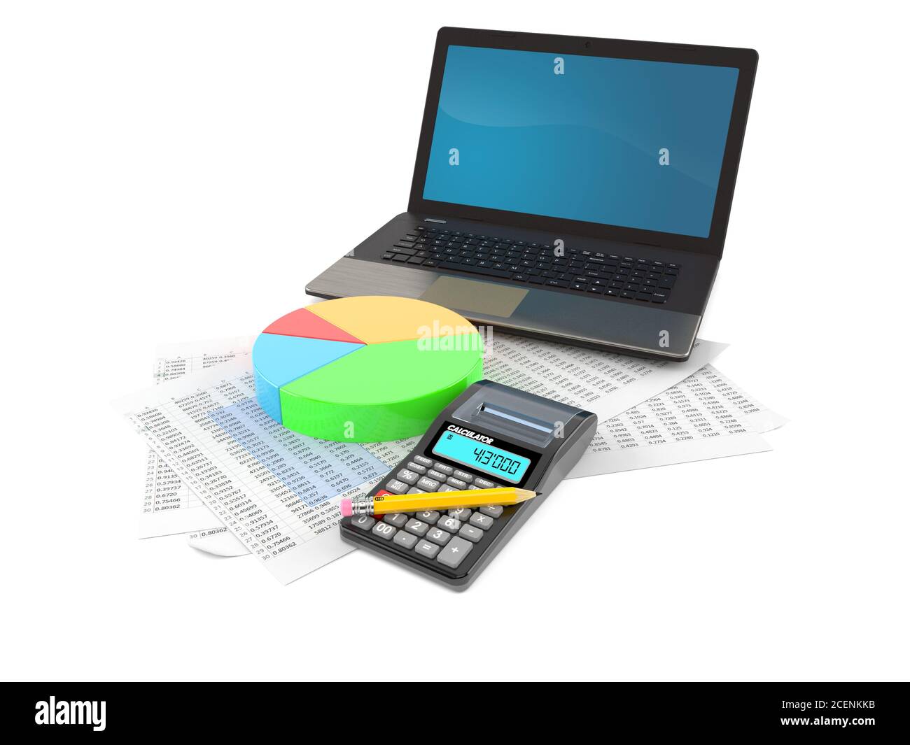 Laptop with report and pie chart isolated on white background Stock ...