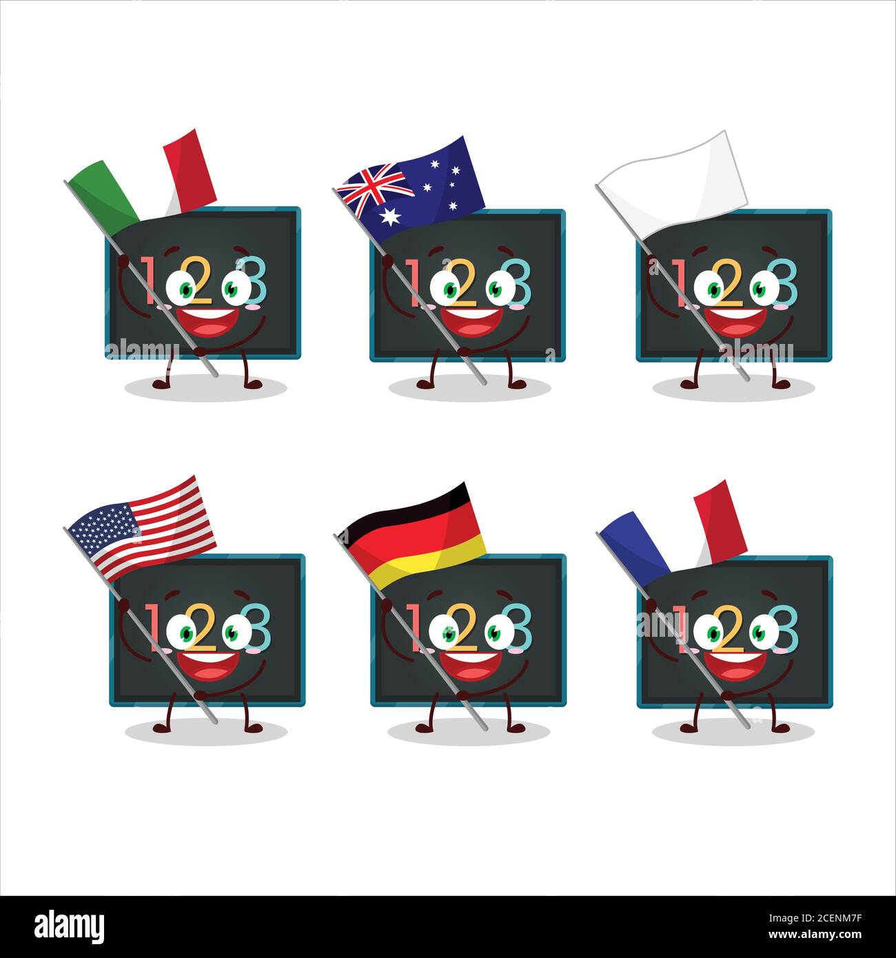 Numeric on board cartoon character bring the flags of various countries ...