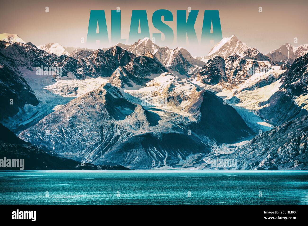 Alaska Glacier Bay landscape National Park, USA. Alaska text written as ...