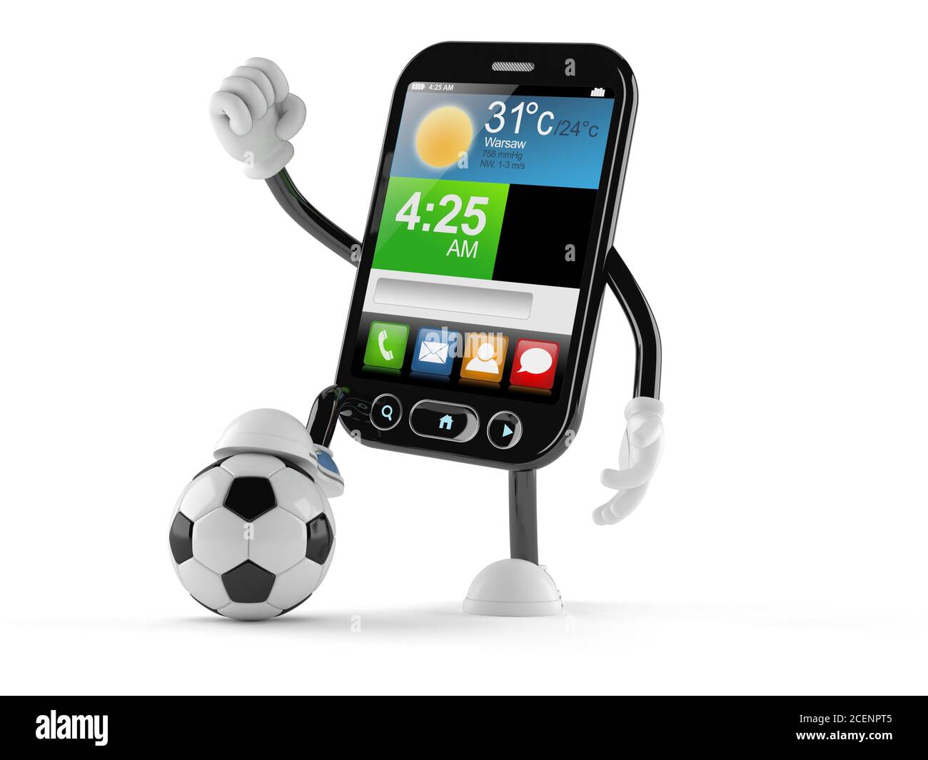Smart phone character with soccer ball isolated on white background ...