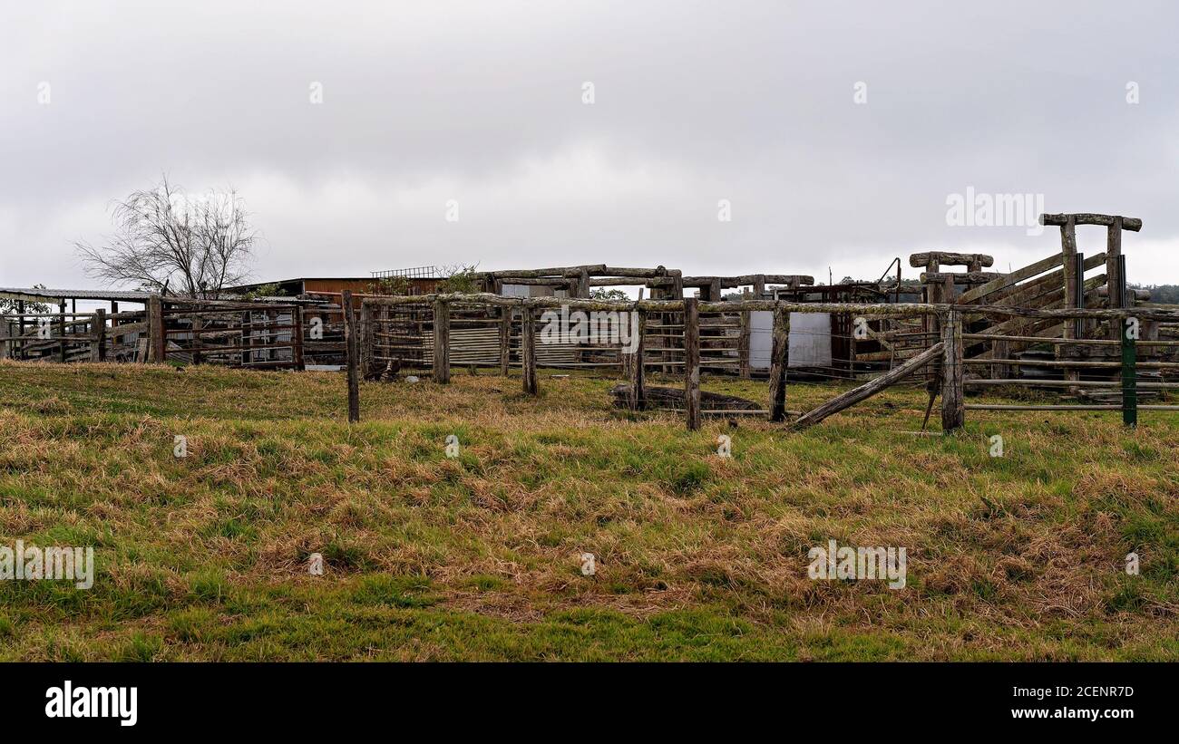 Old empty cattle yards on a country property on a dull and overcast day ...